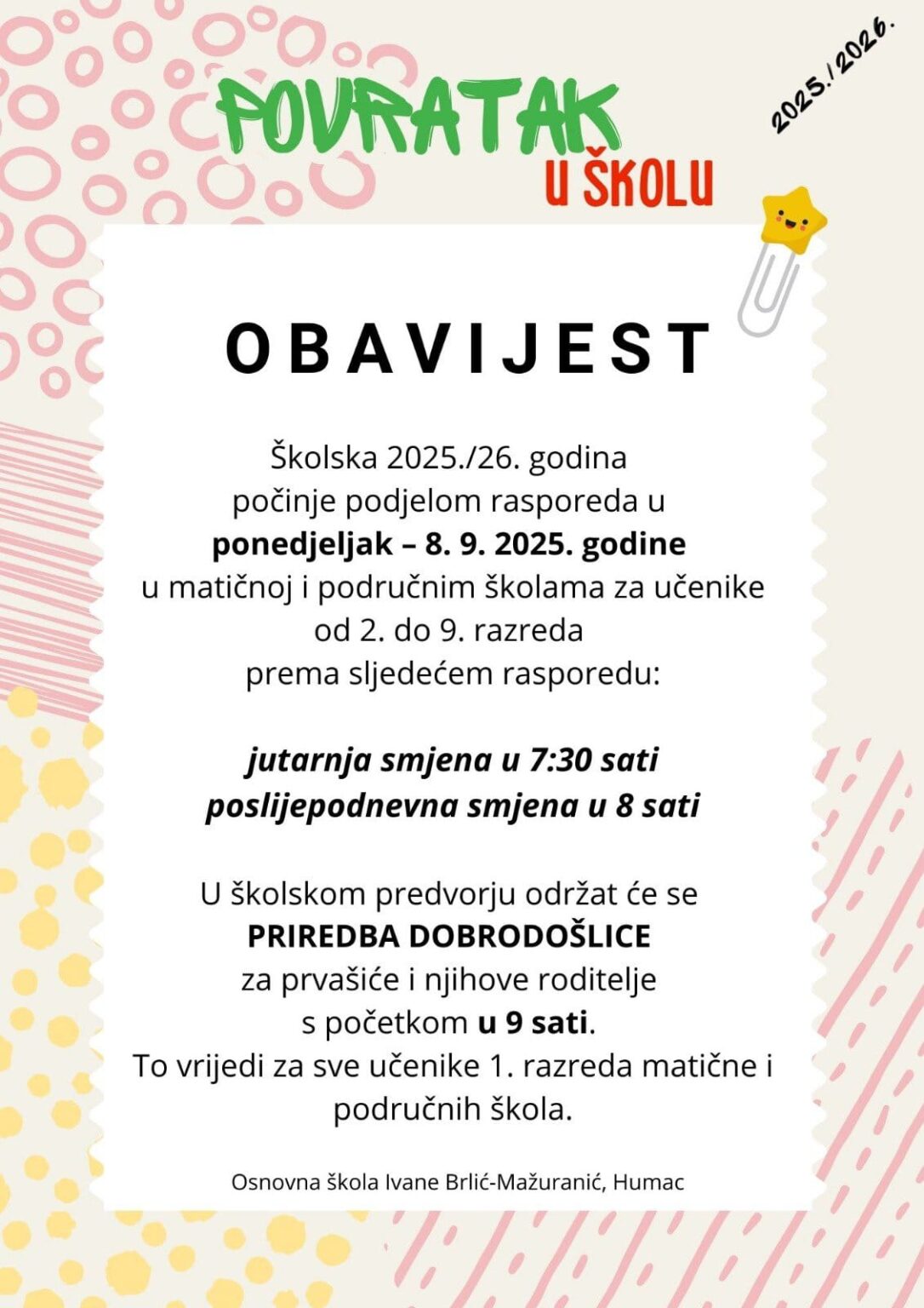 Obavijest o početku školske godine 2025./2026. – Osnovna škola Ivane Brlić Mažuranić Humac